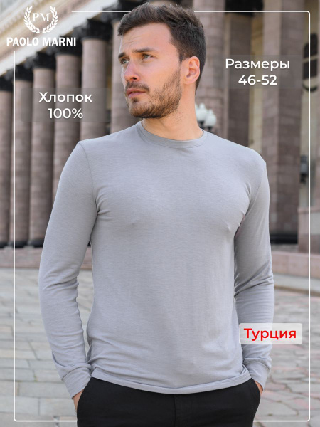 Лонгслив Мужской Paolo Marni серый Длинный, размер 48 Хлопок Бег, Фитнес Однотонный Офисный ...