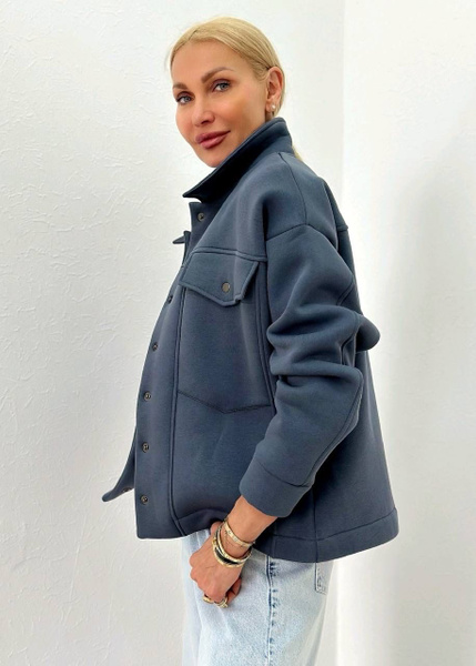 Пиджак Женский MATROSOVA серый графит, размер 52, 54 Футер Кнопки Длинный Повседневный Кнопки ...