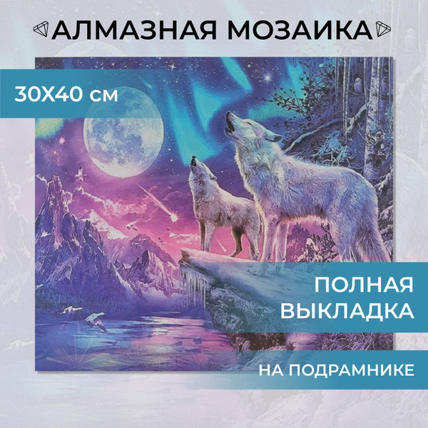 Алмазная мозаика на подрамнике 30х40 см, Пейзаж Волки воют на луну ...