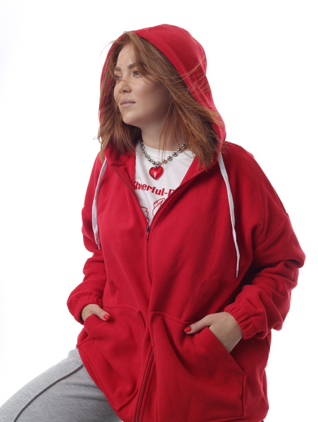 Ветровка Женский Jyldyz Капюшон красный без воротника Флис, размер 60 Длинный Демисезон оверсайз ...