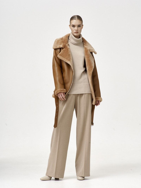 Дубленка Женский Vira Plotnikova Мех шерстяной английский воротник коричневый, размер 58 Длинный ...