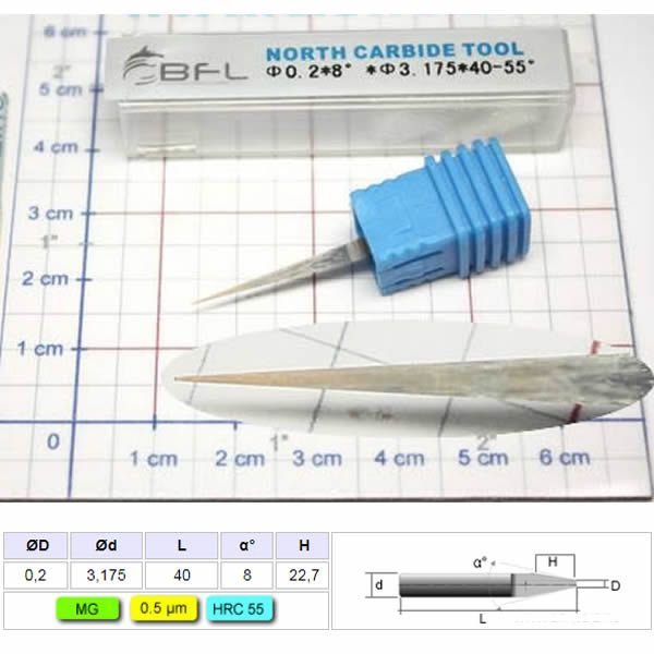 Гравер конический 8 градусов, торец диаметр 0,2мм, хвостовик диаметр 3,175мм, для гравировки и ...