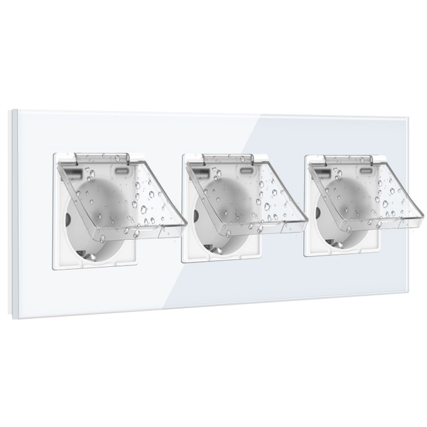 Розетка с Usb и Type C входами C крышкой влагозащищённая 3 поста 16А 250В рамка стекло Белая