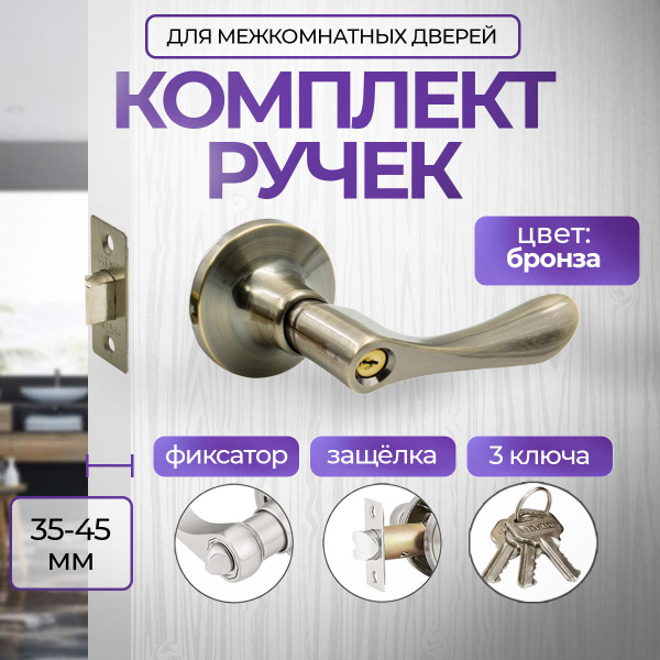 Ручка дверная межкомнатная с защелкой Титан 891-00 AB с фиксатором, 3 ...