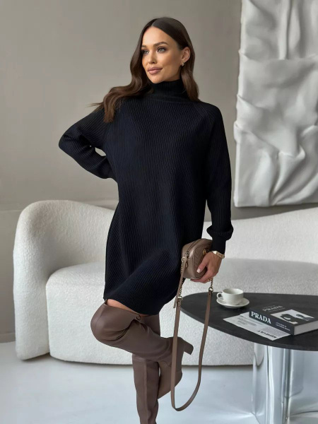 Платье Женский SHOPSTYLE черный платье-свитер Длинный, размер 42 Без застежки оверсайз ...