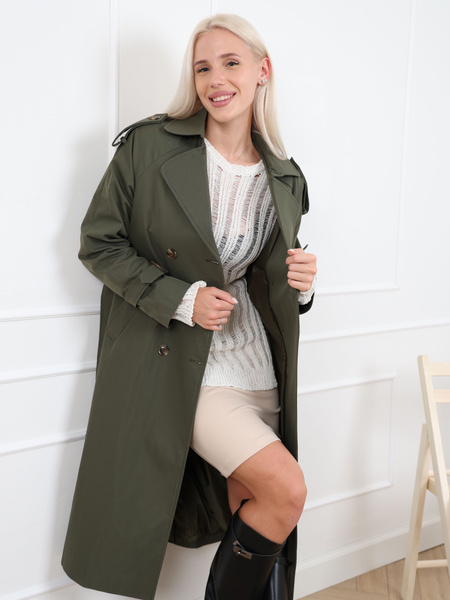 Плащ Женский SLN темный хаки Средний Пояс/ремень, Воротник, размер 42, 44 Хлопок, Вискоза Россия ...