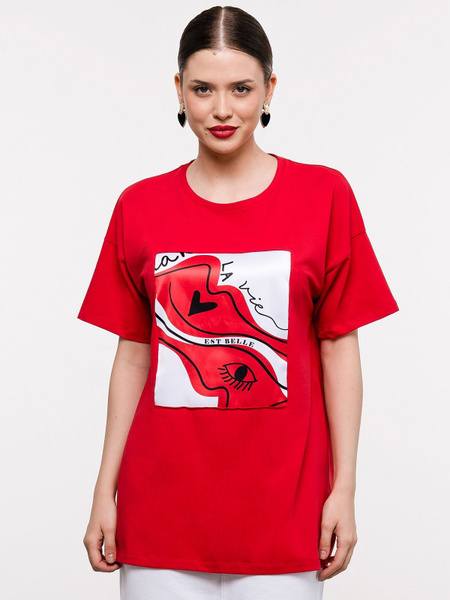 Футболка Женский SAHAR art lab красный, белый Короткий, размер 50, 52 Кулирная гладь ...