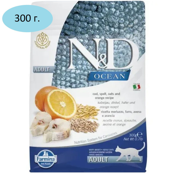 Farmina 300г N&D Ocean Cat Godfish, Spelt, Oats & Orange Adult, сухой ...