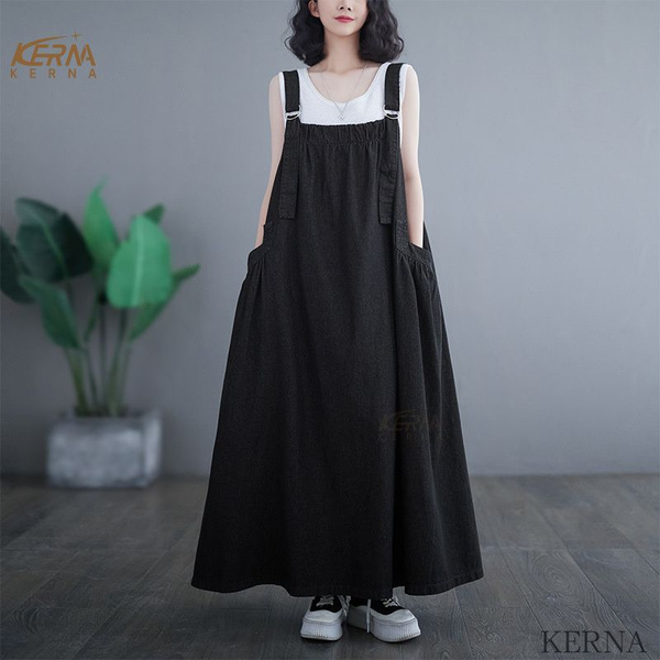Сарафан Женский KERNA черный джинсовое Офисный/школьный Без рукавов Хлопок Погоны, размер 58, 60 ...