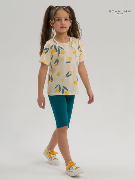 Комплект одежды Девочки SOVAlina Повседневный двойка, с велосипедками желтый, зеленый, размер ...