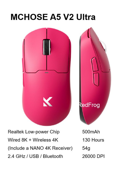 Характеристики MCHOSE Мышь беспроводная A5 V2 Ultra, PAW3395, Wired 8K + Wireless 4K, красный ...