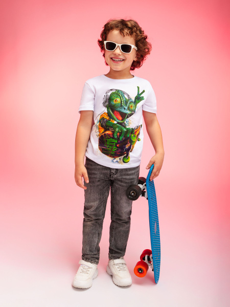 Футболка Мальчики KyKy wear белый Короткий, размер 164, 170 Хлопок Анималистический прямой ...