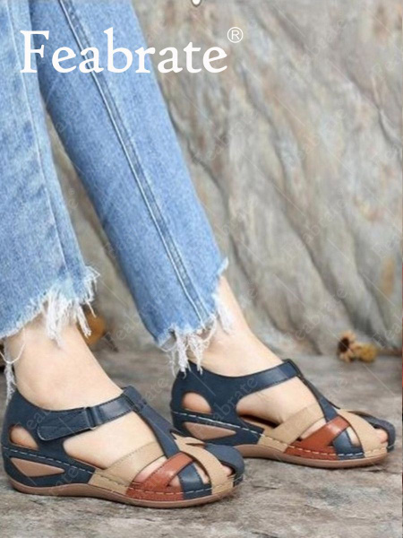 Босоножки Женский Feabrate Без каблука, размер 39 Круглый нос Лето Липучки Пряжки купить c ...