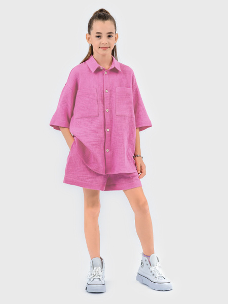 Комплект одежды Девочки Valini Повседневный с шортами розовая фуксия, розовый, размер 152 Муслин ...