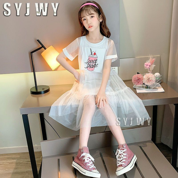 Платье Девочки SYJWY белый платье-футболка Повседневный Короткий Хлопок Аппликация, размер 150 ...
