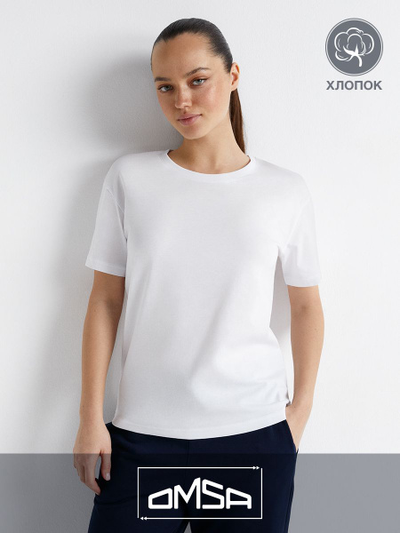 Футболка Женский Omsa белый Короткий, размер 54 Хлопок Однотонный прямой Повседневный Узбекистан ...