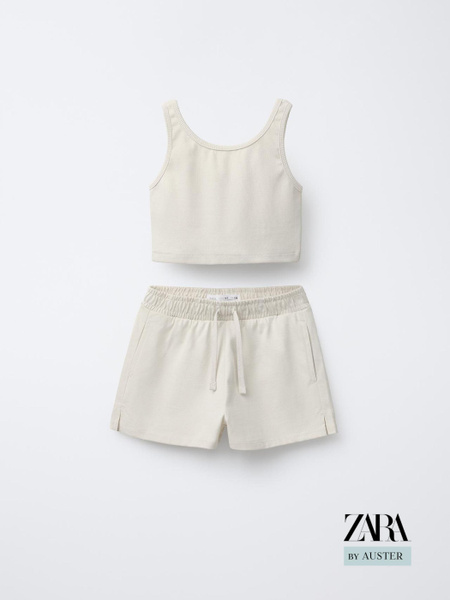 Комплект одежды Девочки Zara Повседневный двойка, с шортами бежевый лайт, размер 140 Хлопок ...
