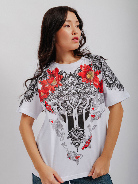 Футболка Женский KyKy wear белый Короткий, размер 50 Хлопок свободный Повседневный Россия купить ...