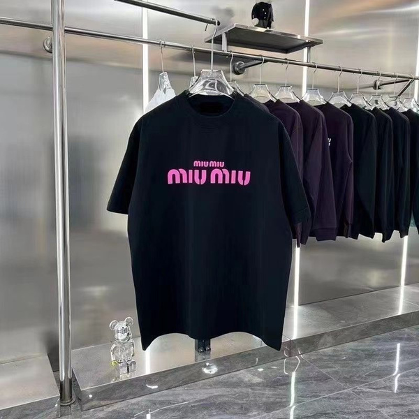 Футболка Мужской Женский Miu Miu черный Короткий размер 46 Хлопок Надписи Орнамент облегающий