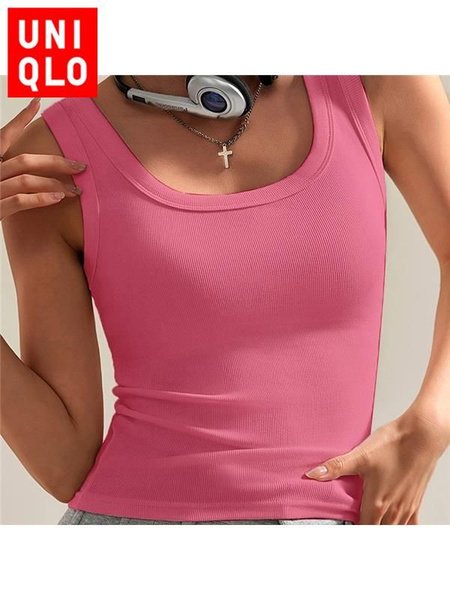 Топ Женский Uniqlo темно-розовый, размер 48 Хлопок Без рукавов Повседневный Бахрома Китай ...