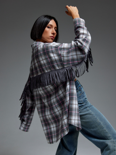 Рубашка Женский MYCODE белый, серый Длинный Фланель Бахрома Клетка, размер 40, 42 оверсайз ...