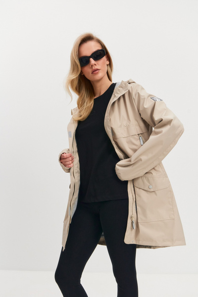 Ветровка Женский Avese Карманы бежевый капюшон Breathable, Waterproof, размер 44 Длинный Лето ...