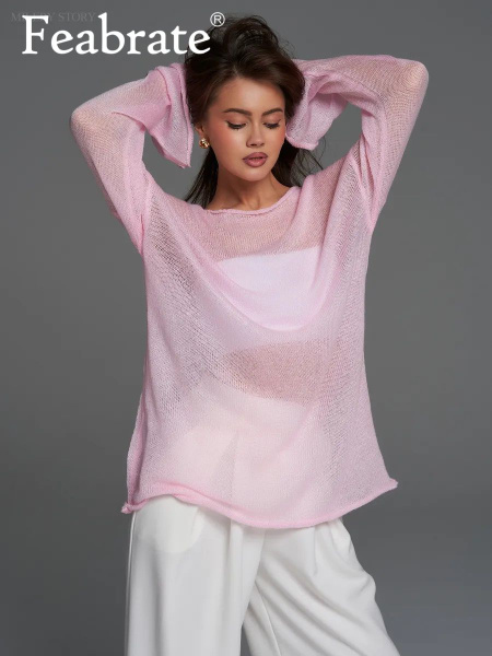 Джемпер Женский Feabrate пудровый Полиэстер FR, размер 46 трапеция Длинный Китай прозрачная ...