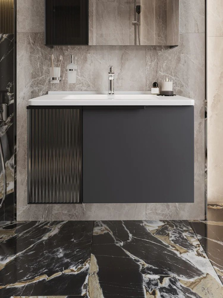 Тумба с раковиной STWORKI Готланд 80 подвесная, 80 см, лофт, черная, с ящиками, прямоугольная из ...