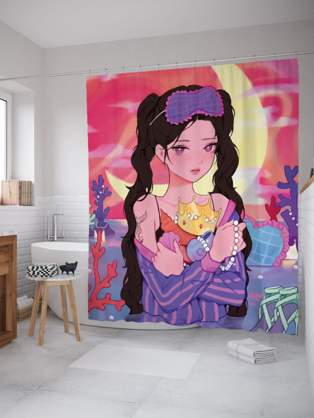 Штора для ванной 200x180 см JoyArty девочка, аниме, арт, цветы, маска, кот, осколки , девушка ...