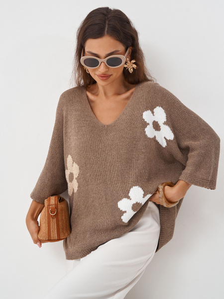 Джемпер Женский Gella style карамельный Трикотаж, размер 48, 50 Без застежки Декольте оверсайз ...