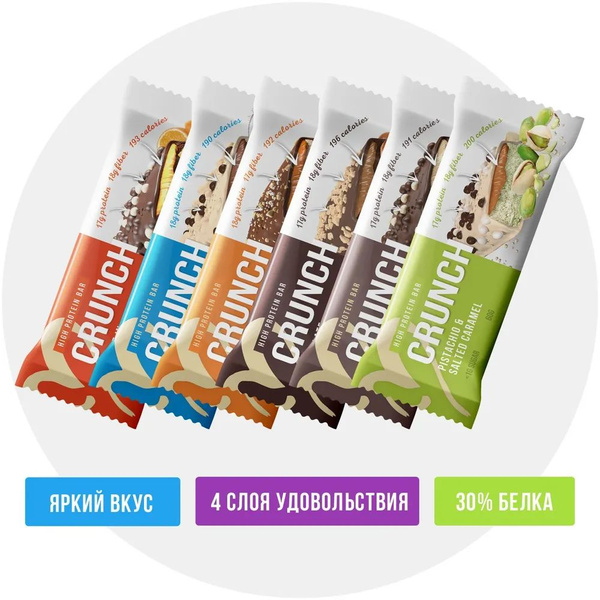 Протеиновые батончики без сахара, Bootybar Crunch, ассорти, 6шт х 60 г ...