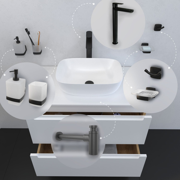 Комплект 9 в 1: подвесная тумба ЗОВ 80 см с раковиной Helmken 46 см, корпус ЛДСП, фасад МДФ ...