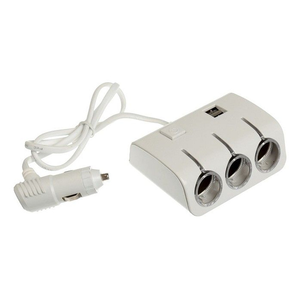 Разветвитель прикуривателя КНР Белый, 3 гнезда, 2 USB 1 А, 60 Вт, 12-24 ...