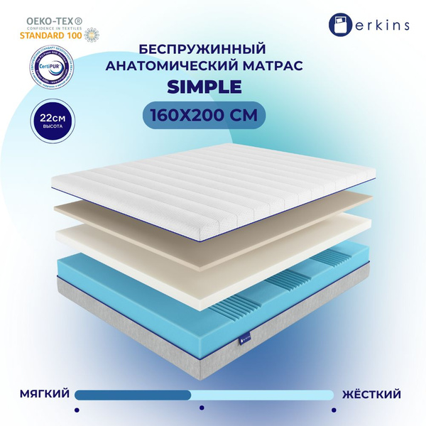 Матрас ERKINS erkins_simple_белый_200, Беспружинный, 160 - купить по ...