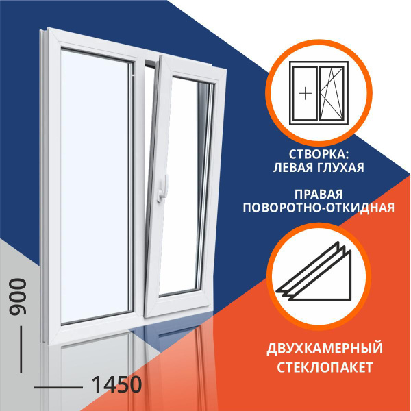 Окно двухкамерное 900x1450 мм двухстворчатое: левая глухая, правая ...