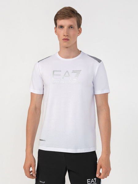 Футболка EA7, размер 46, 48, цвет белый, полиэстер 51% хлопок 45% эластан 4% - купить по ...