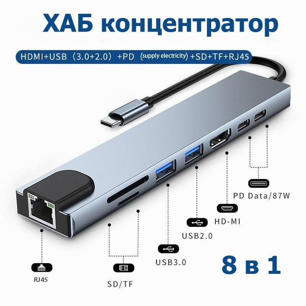 Хаб концентратор 8 в 1 Type C 2x Usb2 0 And 3 0 Hdmi 2x Type C Pd