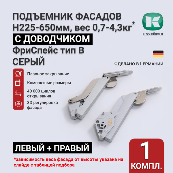 Подъемный механизм для фасадов высотой 225 - 650 мм, тип B, серый ...