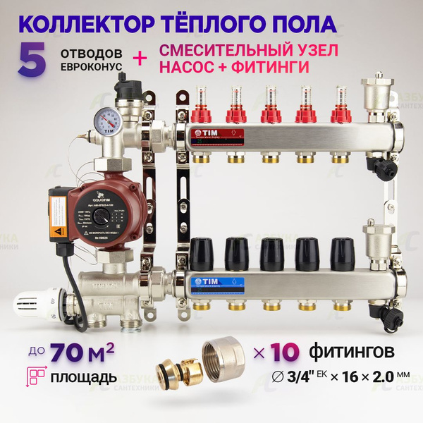 Коллектор для теплого пола на 5 контуров с насосом 25/6, смесительным ...