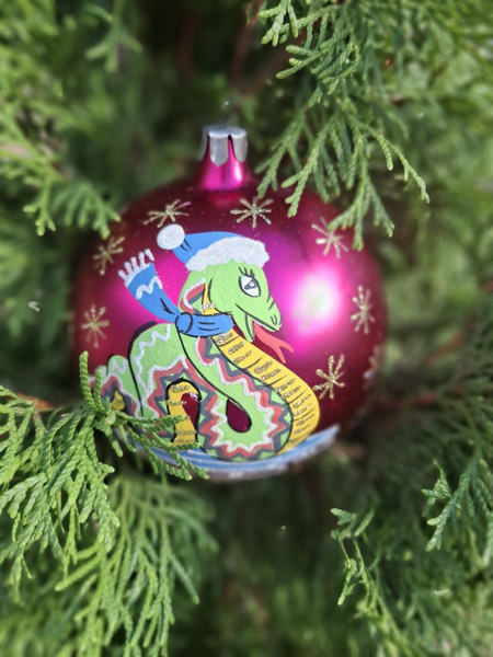 Ёлочный шар ручной работы 110 мм. "Змея", стекло. Символ 2025 года. Новогодние игрушки на елку ...