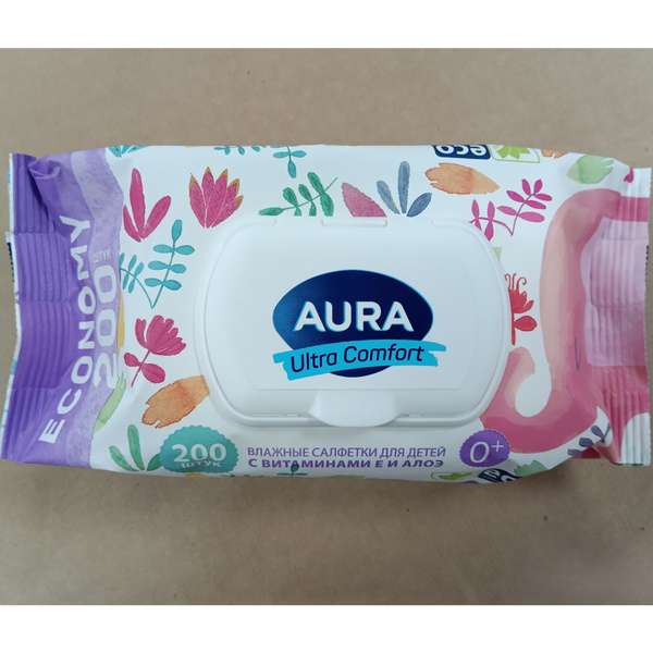AURA ULTRA COMFORT 200шт Влажные салфетки для детей big-pack с крышкой ...