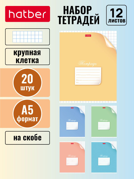 Набор тетрадей Hatber 20 шт 12л А5 КРУПНАЯ клетка на скобе скругл.углы серия -С уголком- купить ...