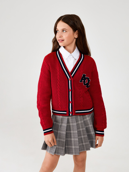Кардиган Девочки Acoola красный, размер 134 Пуговицы укороченный Длинный Однотонный Бангладеш ...