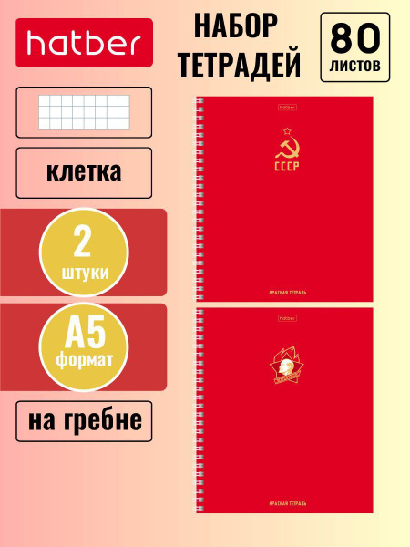Тетрадь Hatber 2 штуки/2 дизайна, 80 листов формата А5 в клетку, на гребне -Красная тетрадь ...