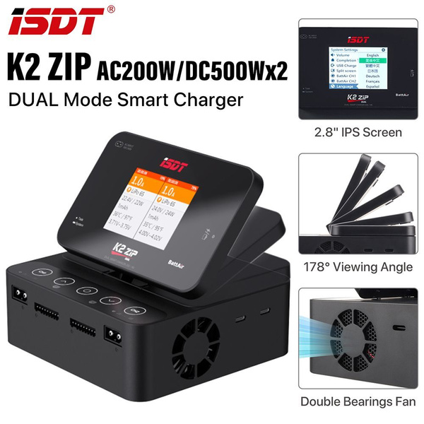 ISDT K2 ZIP, двухрежимное интеллектуальное зарядное устройство AC200W/DC500Wx2, 2,8 дюйма, IPS ...