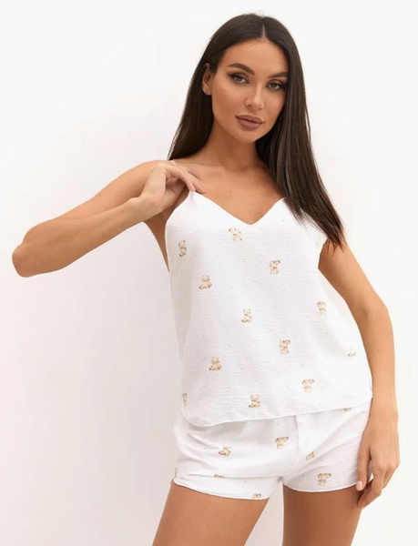 Пижама Женский Brostem Хлопок, размер 46 Животные белый, персиковый Бретельки Россия Резинка ...