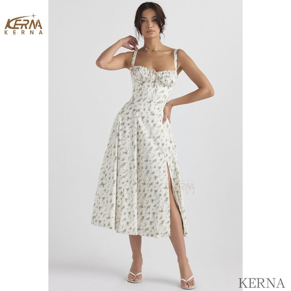 Платье Женский KERNA зеленый лист с открытой спиной Пляжный Без рукавов Лавсан Ленты ...