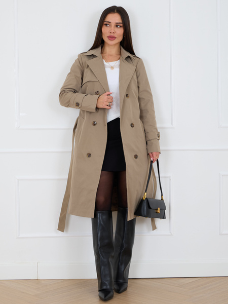 Плащ Женский SLN капучино Средний Пояс/ремень, Воротник, размер 44, 46 Хлопок, Вискоза Россия ...