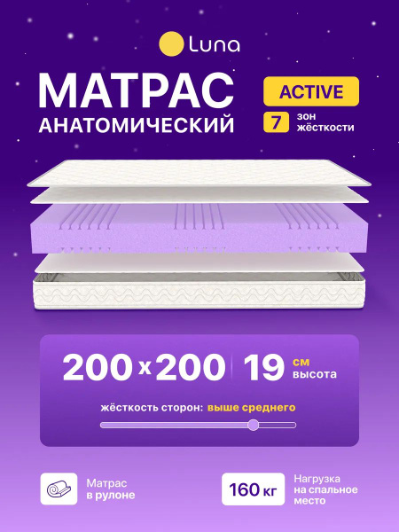 Матрас Luna Inc Luna Active, Беспружинный, 200x200 см купить c ...