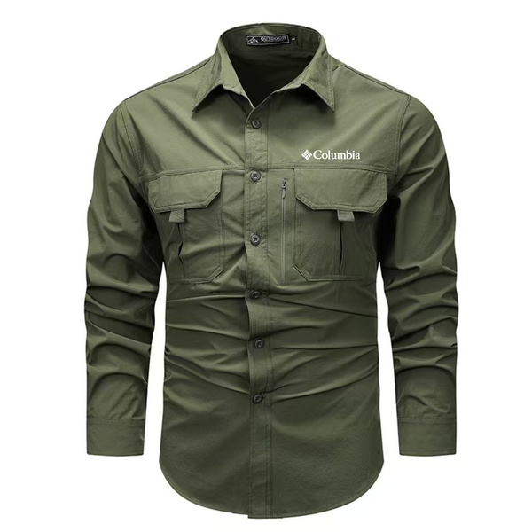 Рубашка Мужской Женский Columbia зеленый лишайник Длинный Хлопок Карманы размер 44 приталенный